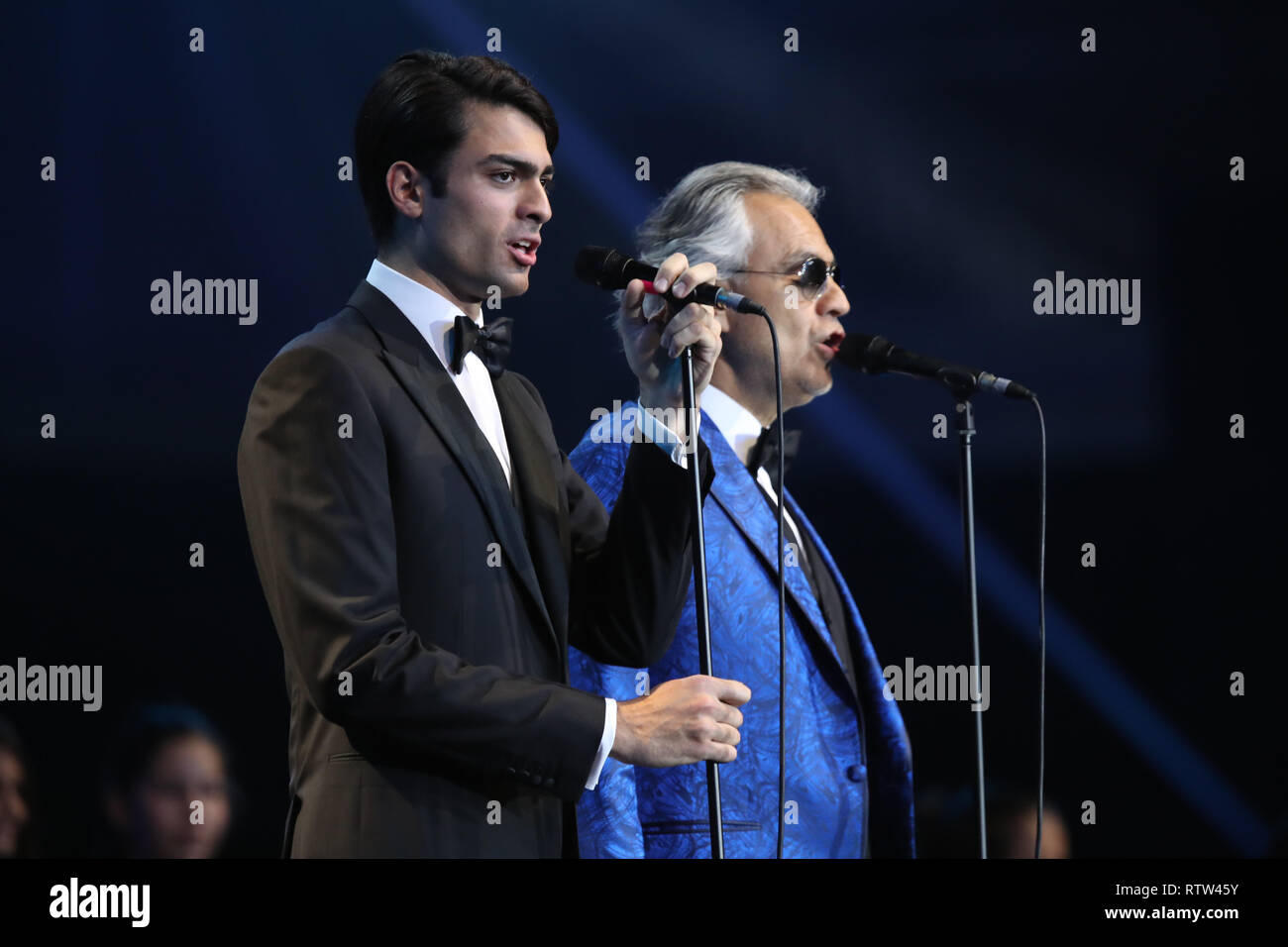 Andrea Bocelli and Matteo Bocelli (left) performing at the naming ...