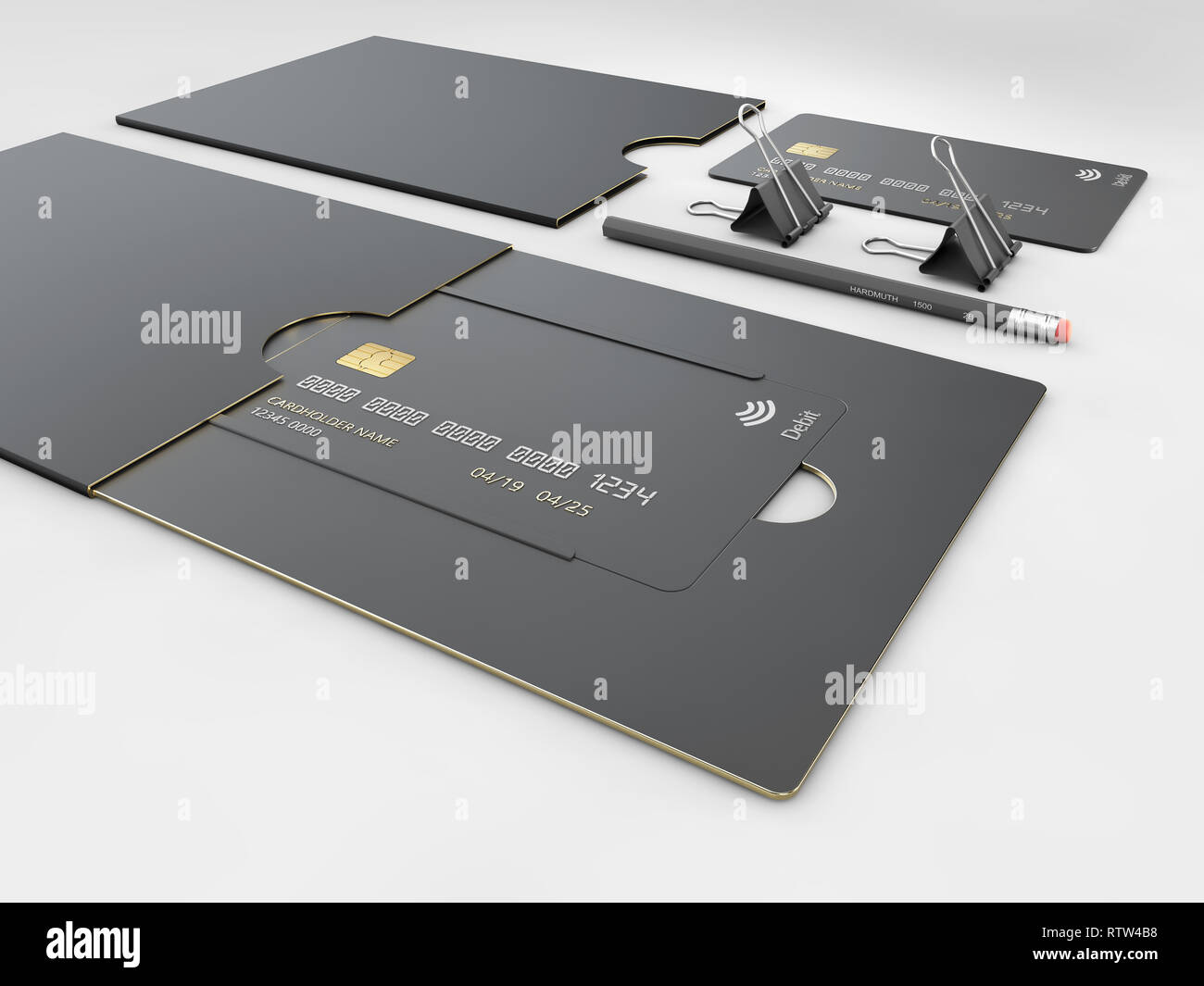 Black blank credit cards mockup on gray background. 3d illustration ...