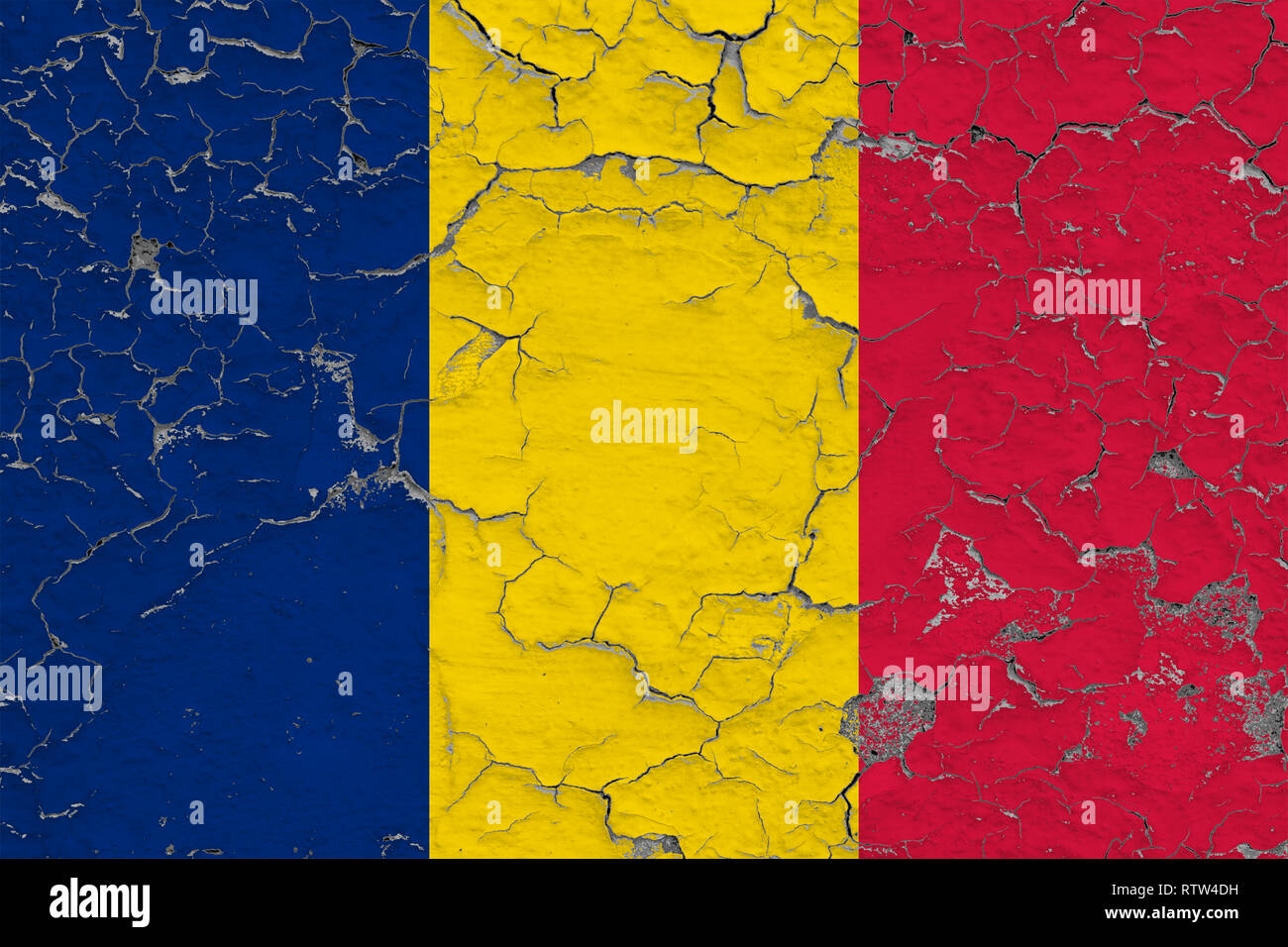 Flag of Chad painted on cracked dirty wall. National pattern on vintage ...