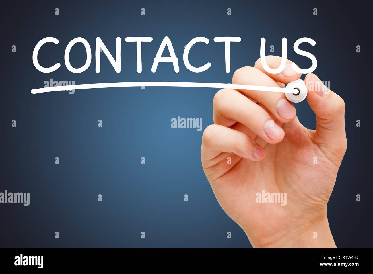 Hand writing Contact Us with white marker on transparent glass board ...