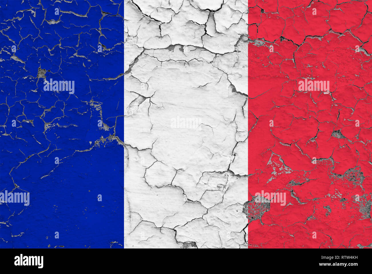 Flag of France painted on cracked dirty wall. National pattern on ...