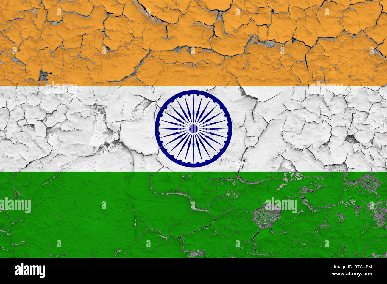 Flag of India painted on cracked dirty wall. National pattern on ...