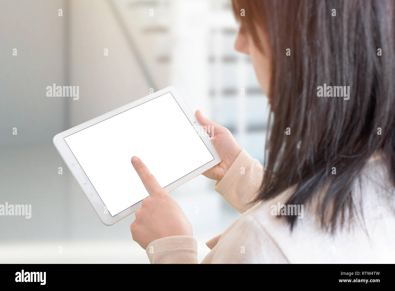 Woman touch isolated tablet display mockup for app or website ...