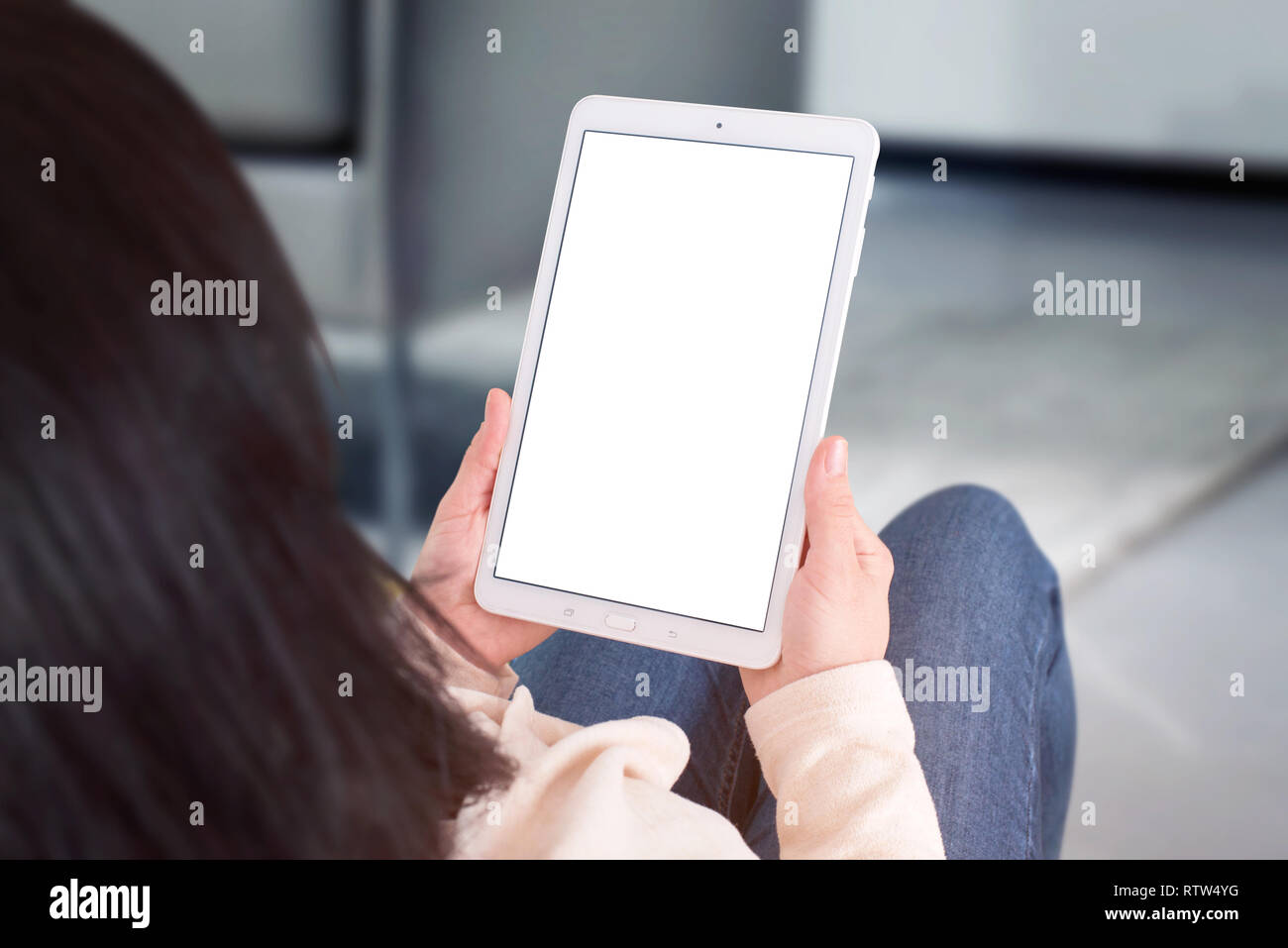 Woman use tablet with isolated, blank, white screen for add app or web ...
