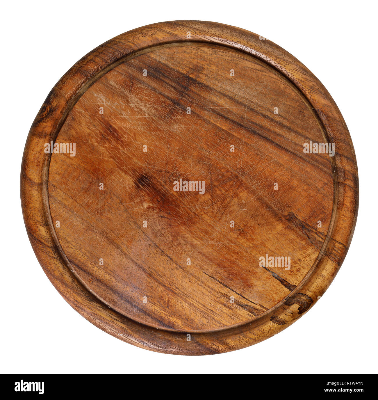 old, used, rustic wooden, round shape cutting board, isolated on white ...