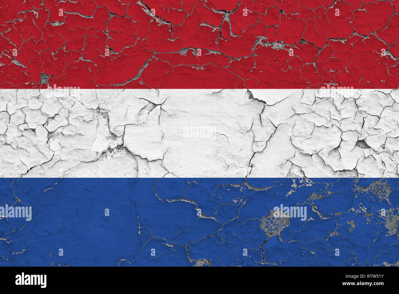 Flag of Netherlands painted on cracked dirty wall. National pattern on ...