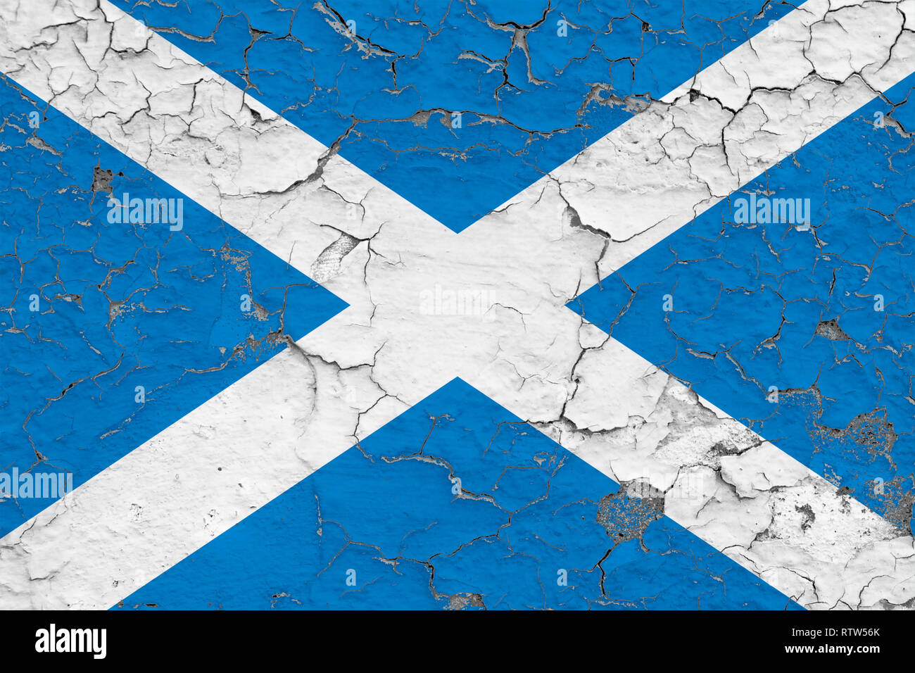 Flag of Scotland painted on cracked dirty wall. National pattern on ...