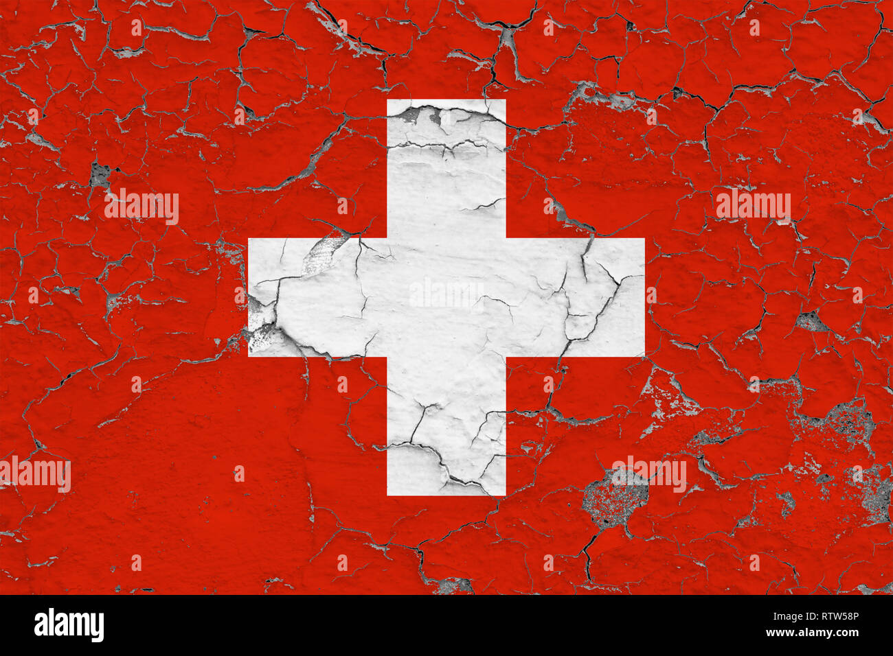 Flag of Switzerland painted on cracked dirty wall. National pattern on ...