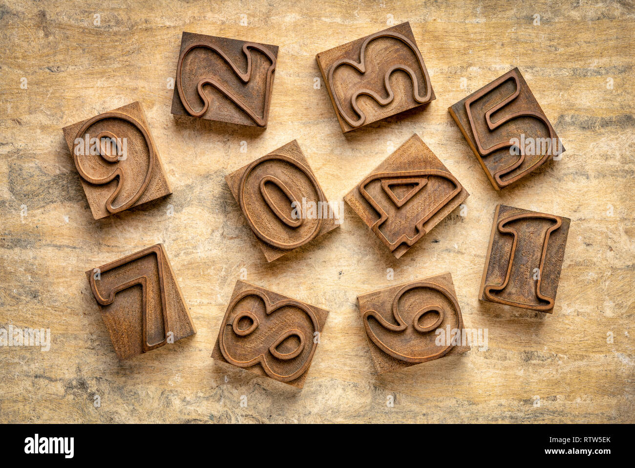 numbers in letterpress wood type (outlined font) against textured bark ...
