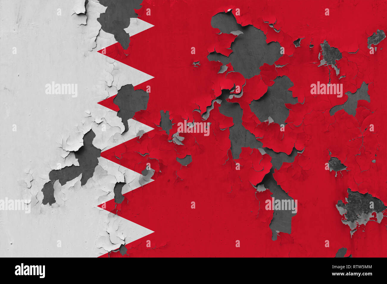 Close up grungy, damaged and weathered Bahrain flag on wall peeling off ...