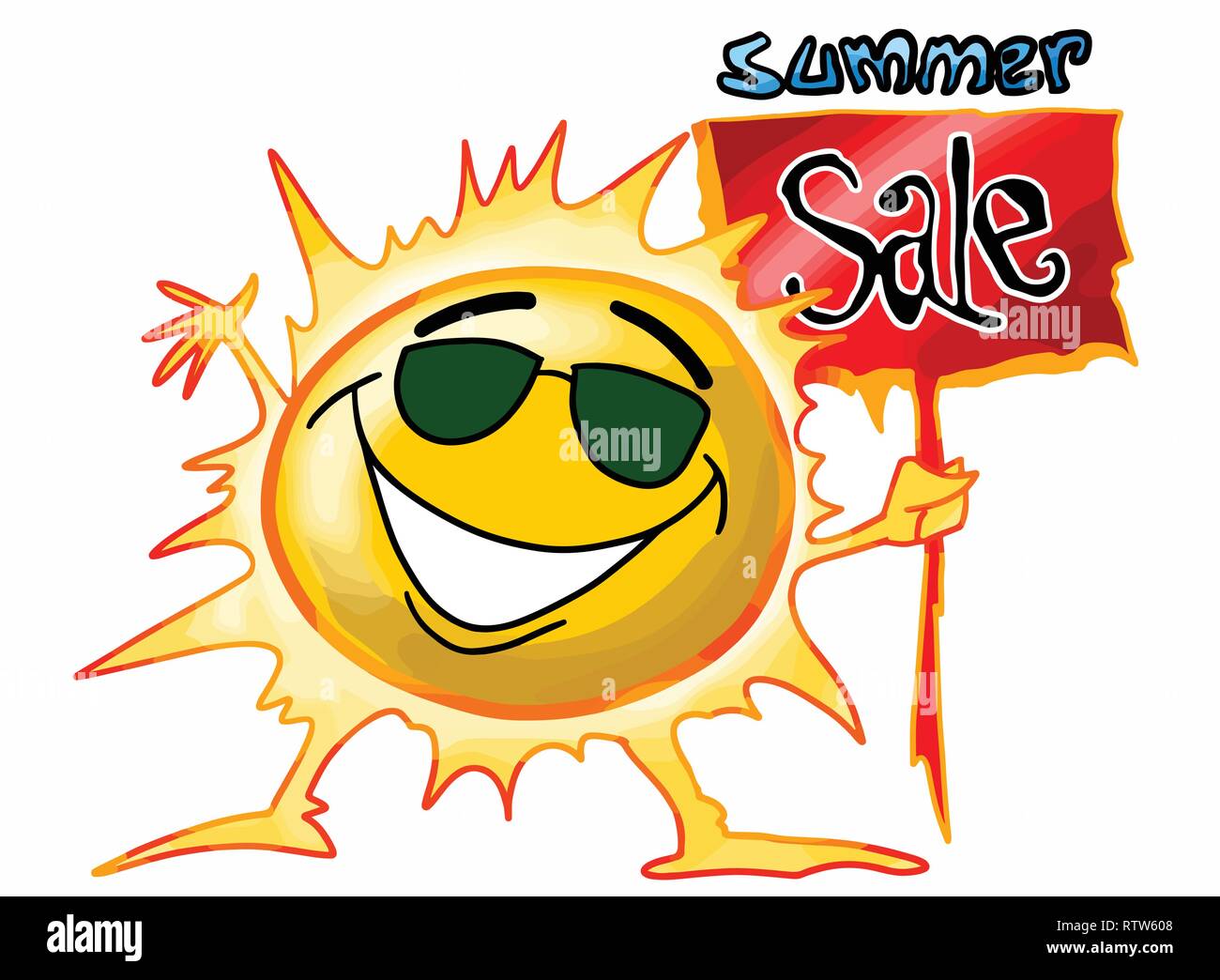 Cartoon sun holding a sale card in his hands vector illustration Stock ...
