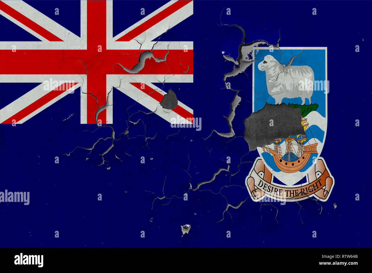 Close up grungy, damaged and weathered Falkland Islands flag on wall ...