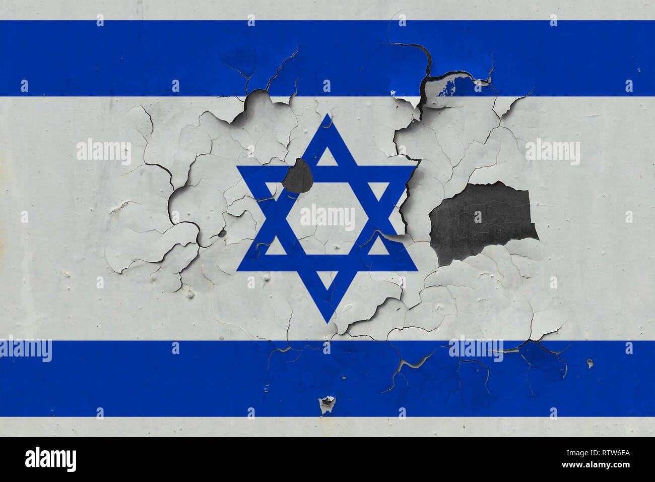 Close up grungy, damaged and weathered Israel flag on wall peeling off ...