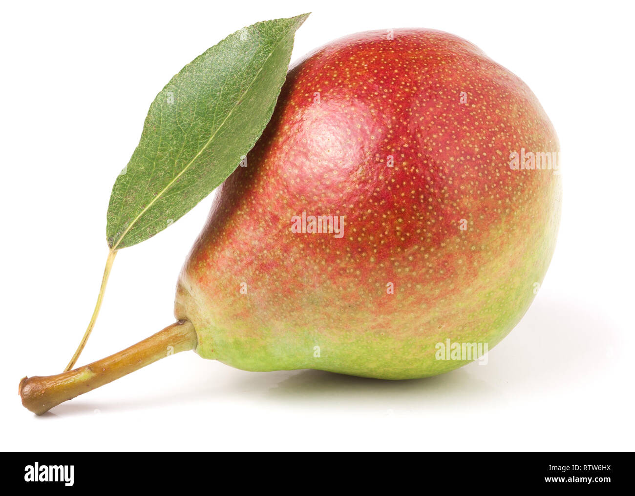 one red-yellow pear with leaf isolated on white background Stock Photo ...