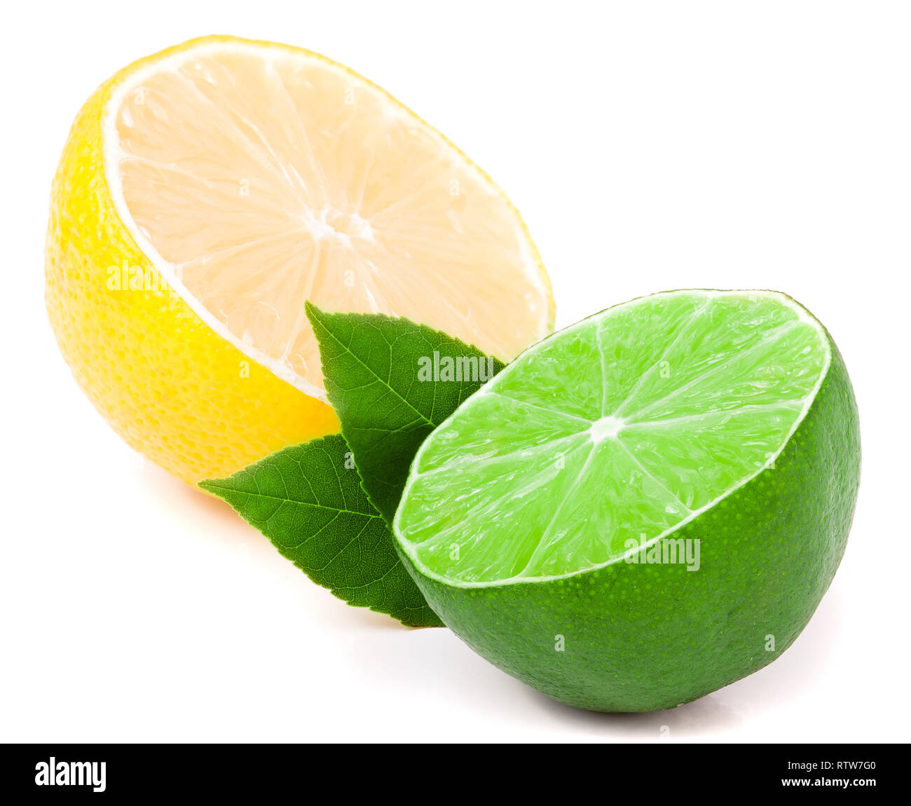 half of lime and lemon with leaves isolated on white Stock Photo - Alamy