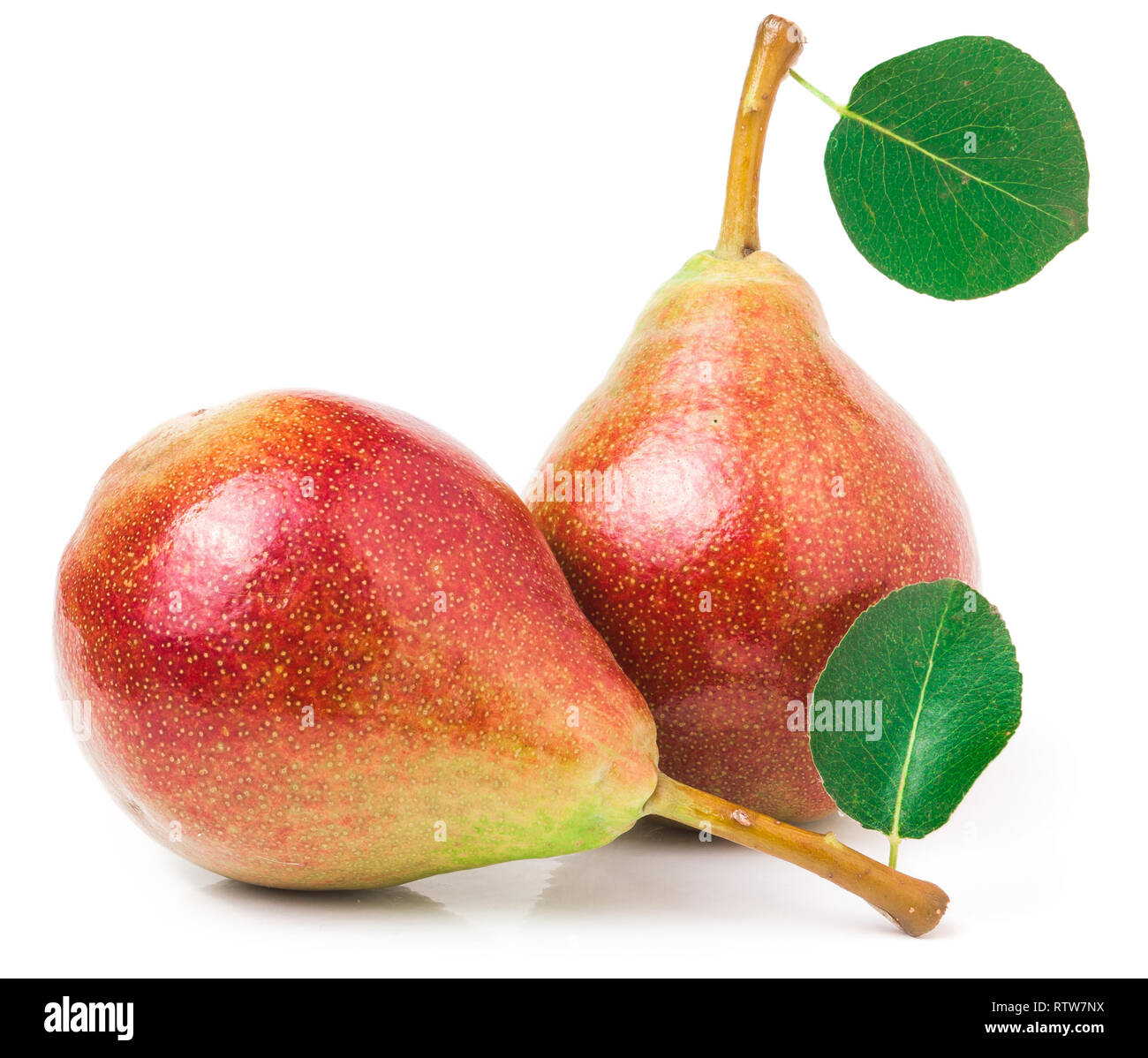 Two red pears with leaf isolated on white background Stock Photo - Alamy