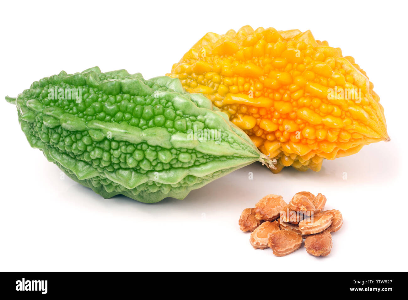 green and yellow bitter melon or momordica isolated on white background ...