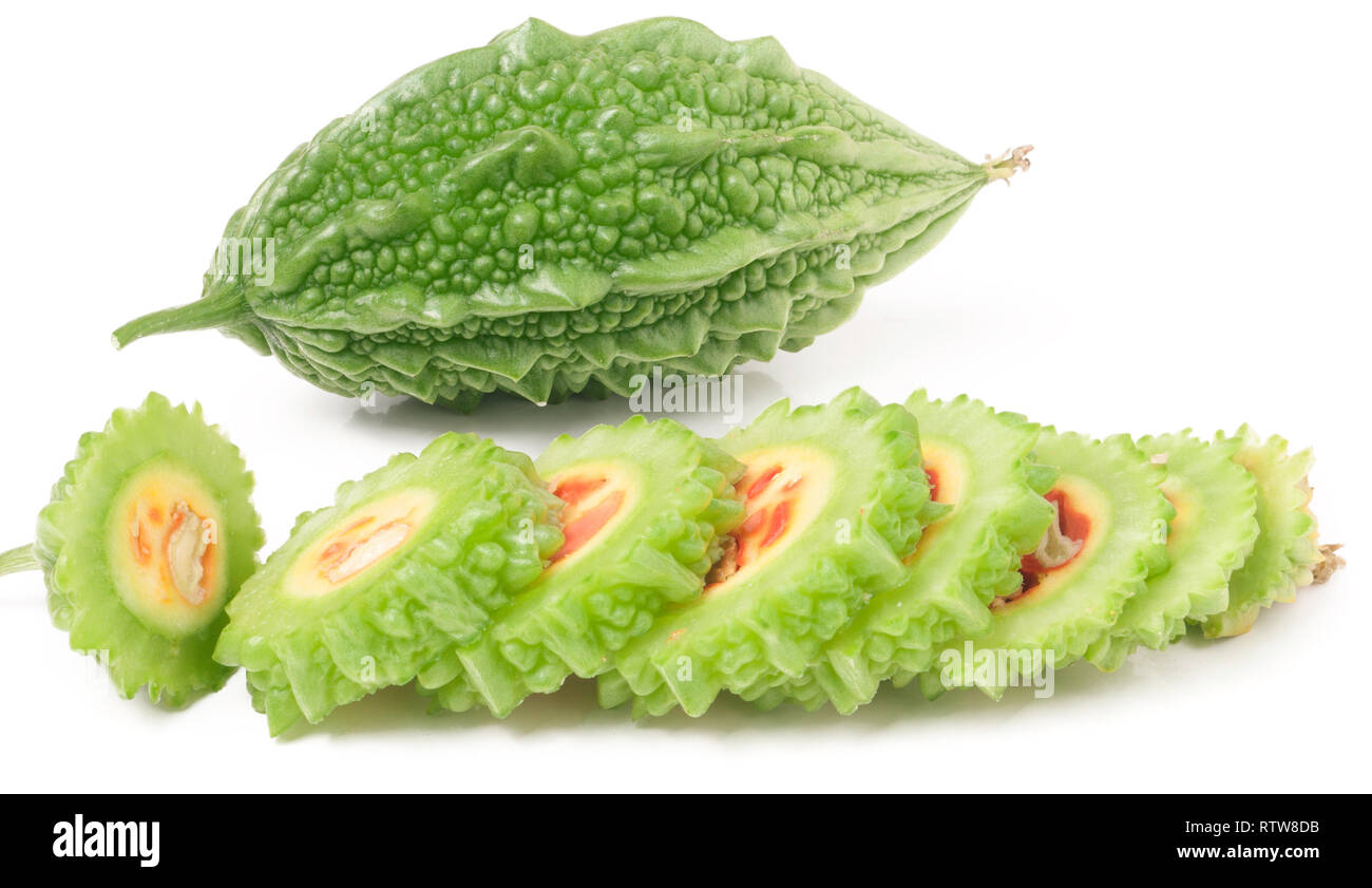 green bitter melon or momordica isolated on white background Stock ...