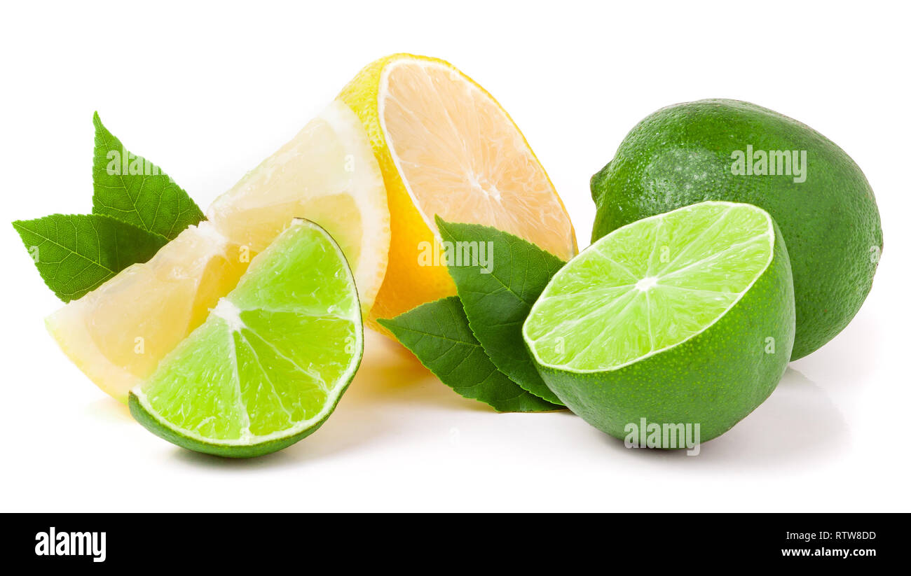 lime and lemon with leaves isolated on white background Stock Photo - Alamy