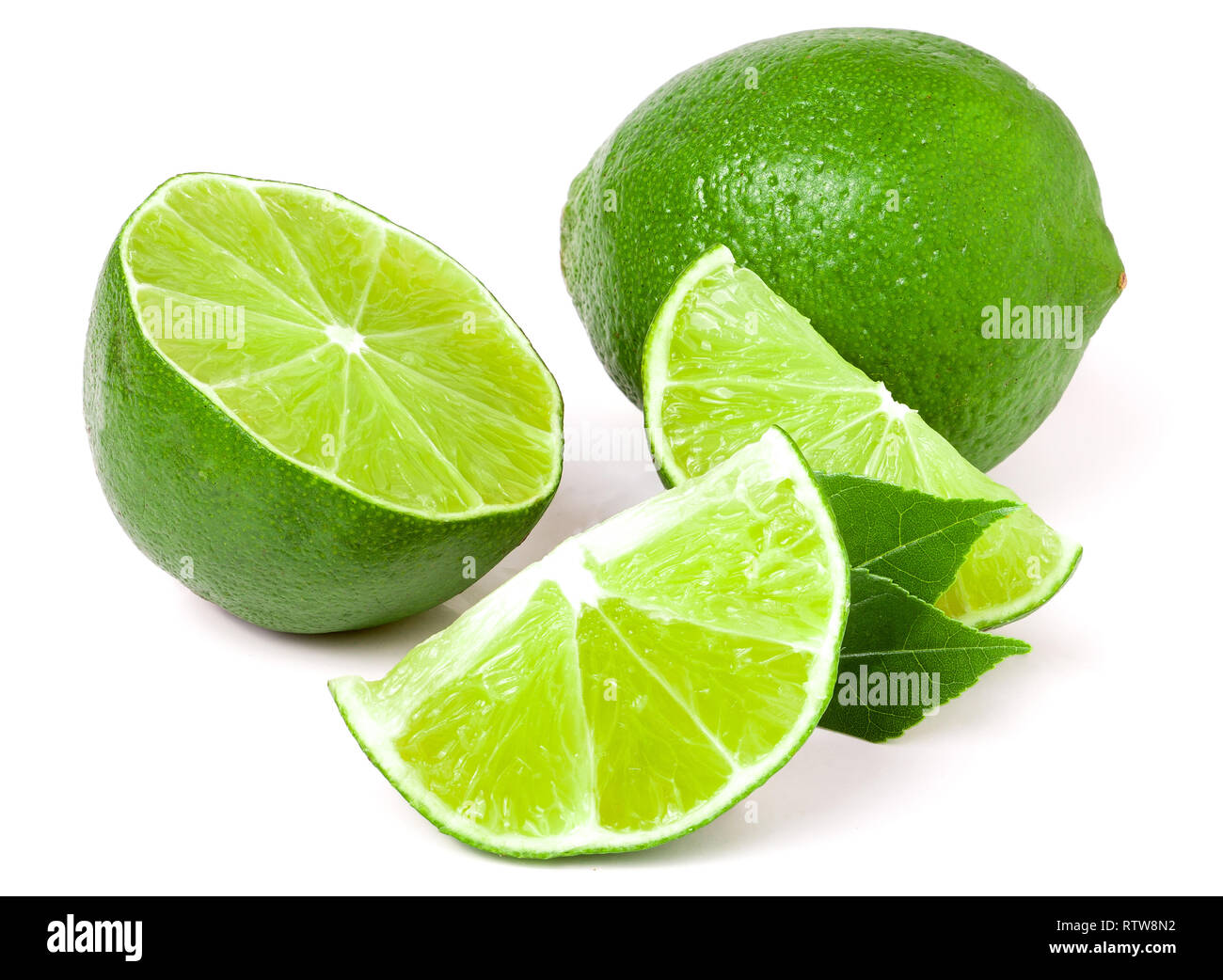 lime with slices and leaf isolated on white background Stock Photo - Alamy