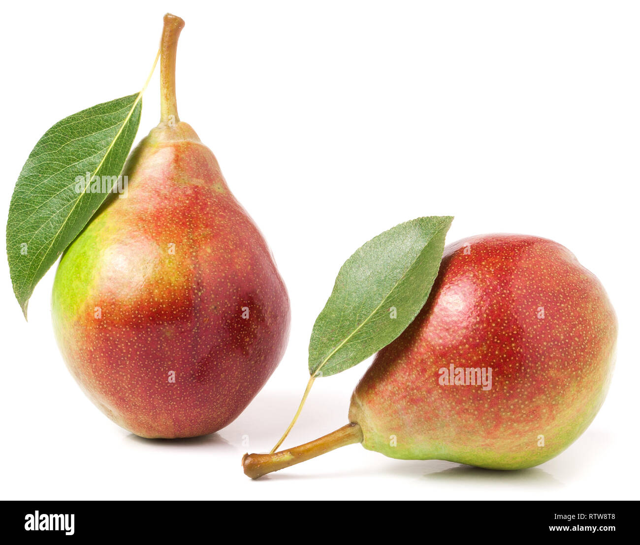 Two red pears with leaf isolated on white background Stock Photo - Alamy
