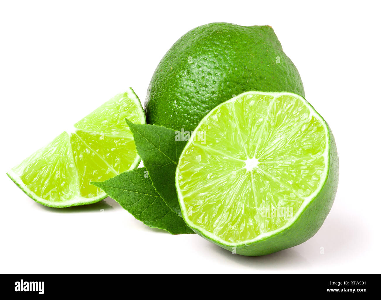 lime with slices and leaf isolated on white background Stock Photo - Alamy