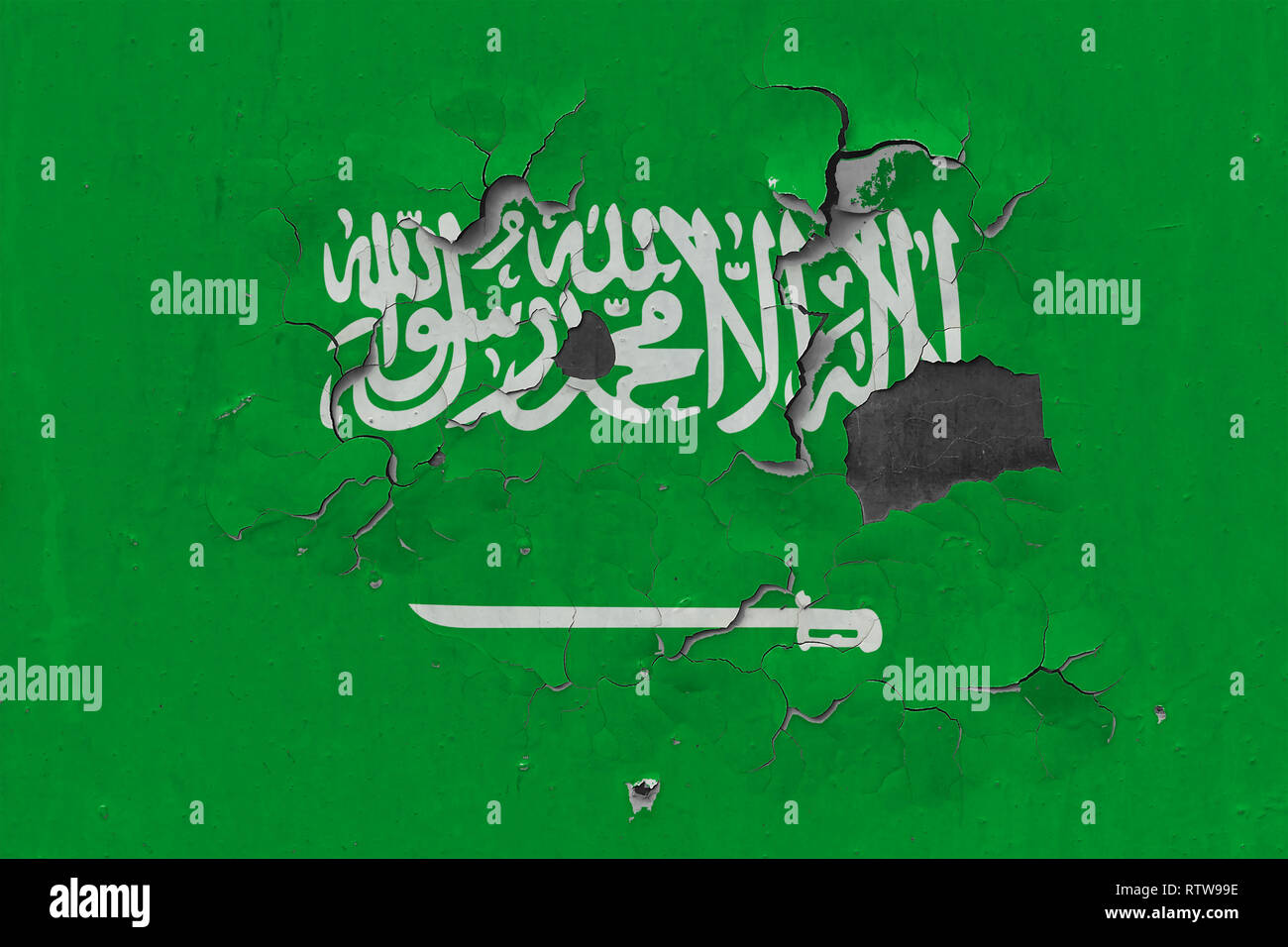Close up grungy, damaged and weathered Saudi Arabia flag on wall ...