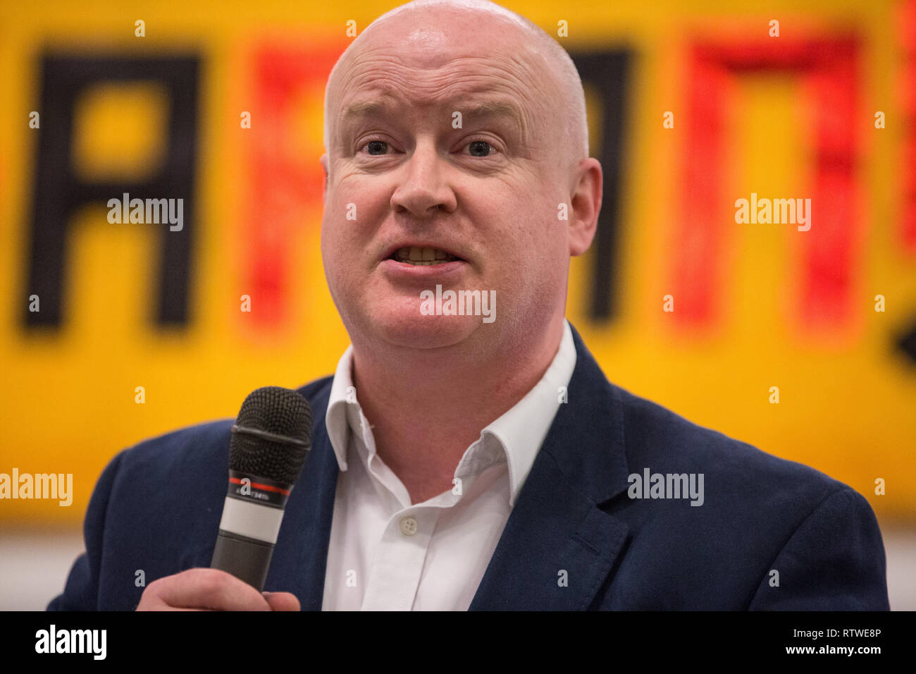 London, UK. 2nd March, 2019. Senator Paul Gavan of Sinn Féin addresses ...