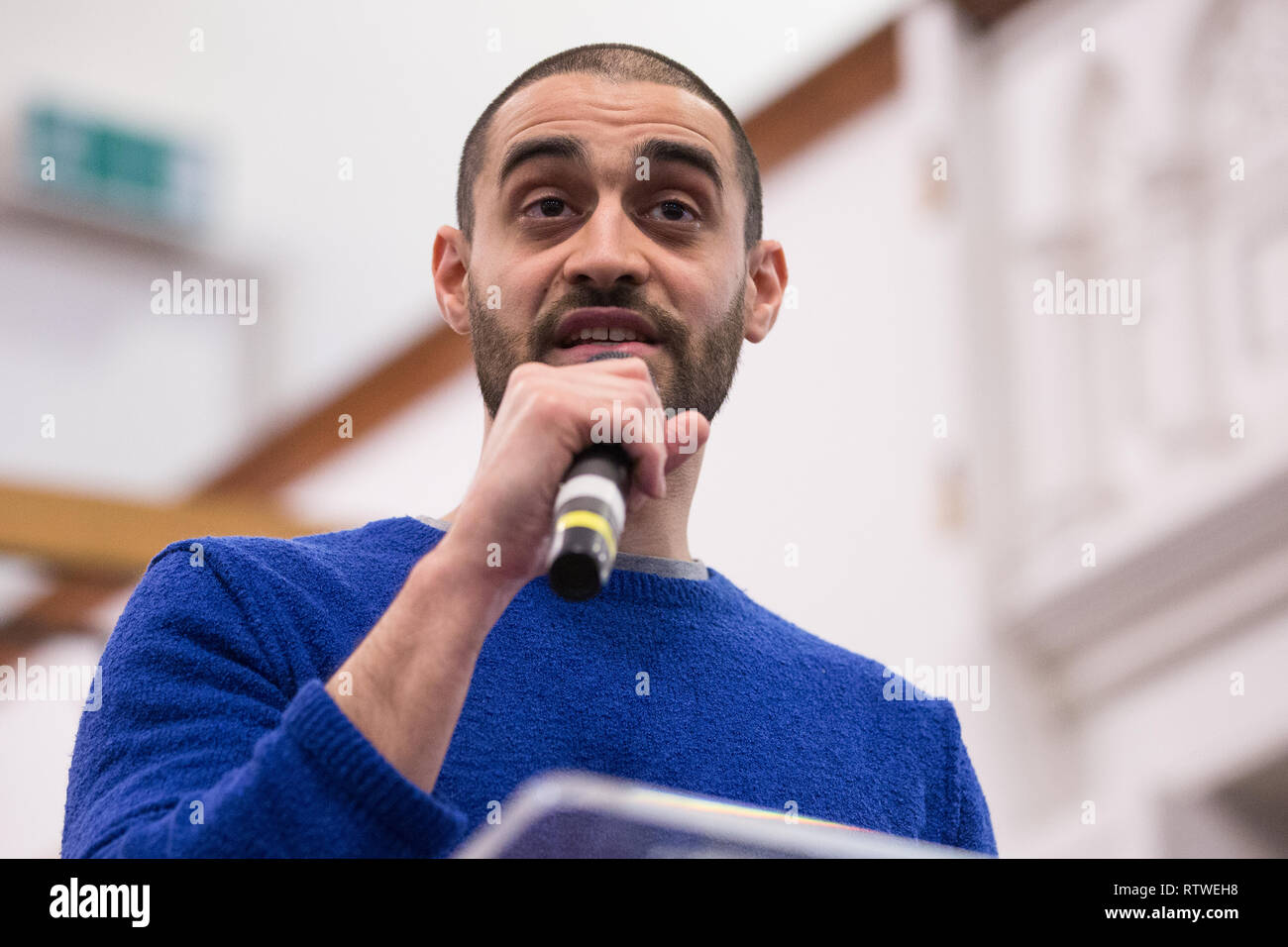 London, UK. 2nd March, 2019. Rapper Lowkey addresses the ¡No Pasaran ...