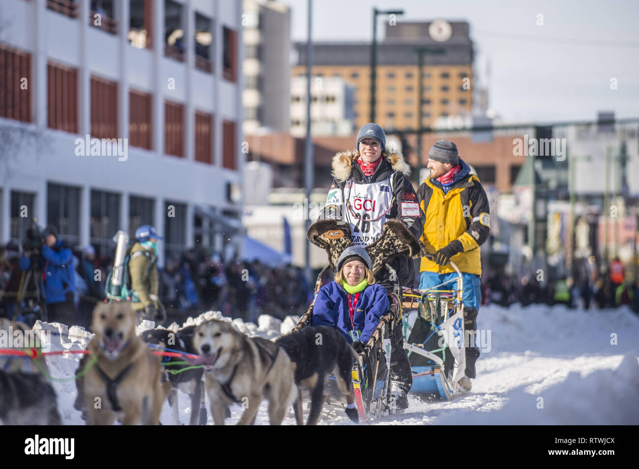 March 2, 2019 - Musher Kristy Berington and dogsled team at start of ...