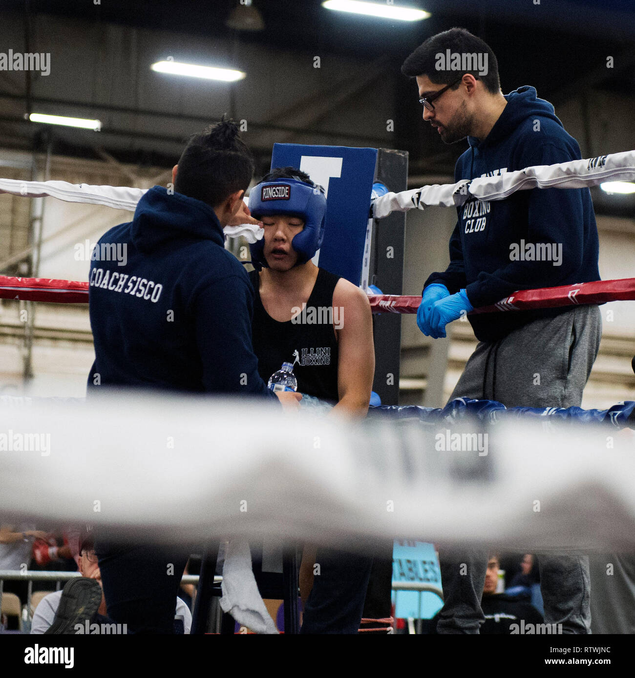 March 2, 2019: Danile Choi of Illinois in between rounds in his bout ...
