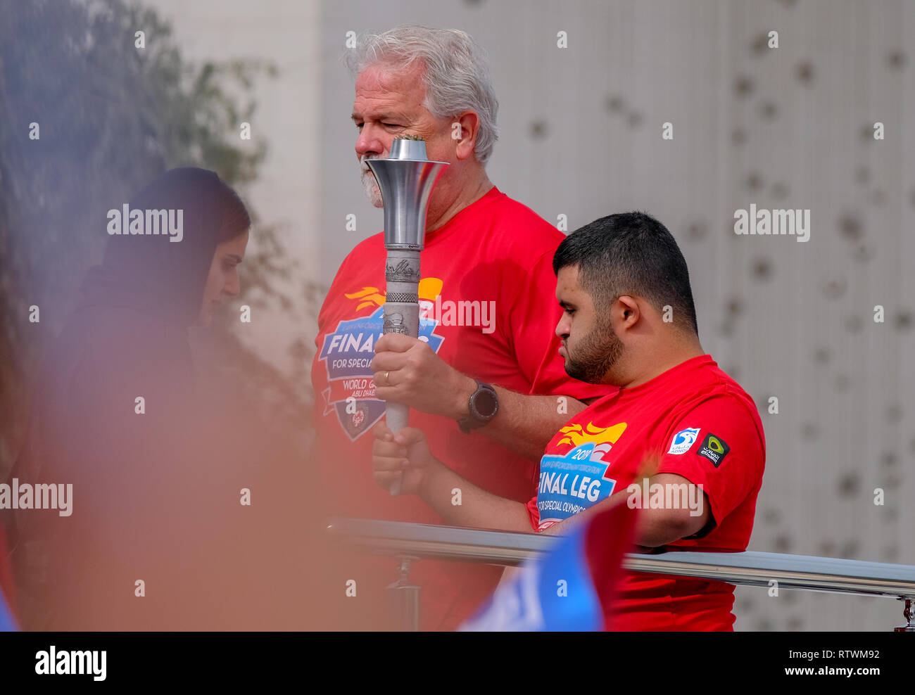 Abu Dhabi, UAE. 3rd March, 2019. Olympic Torch, Flame of Hope, Guardian ...