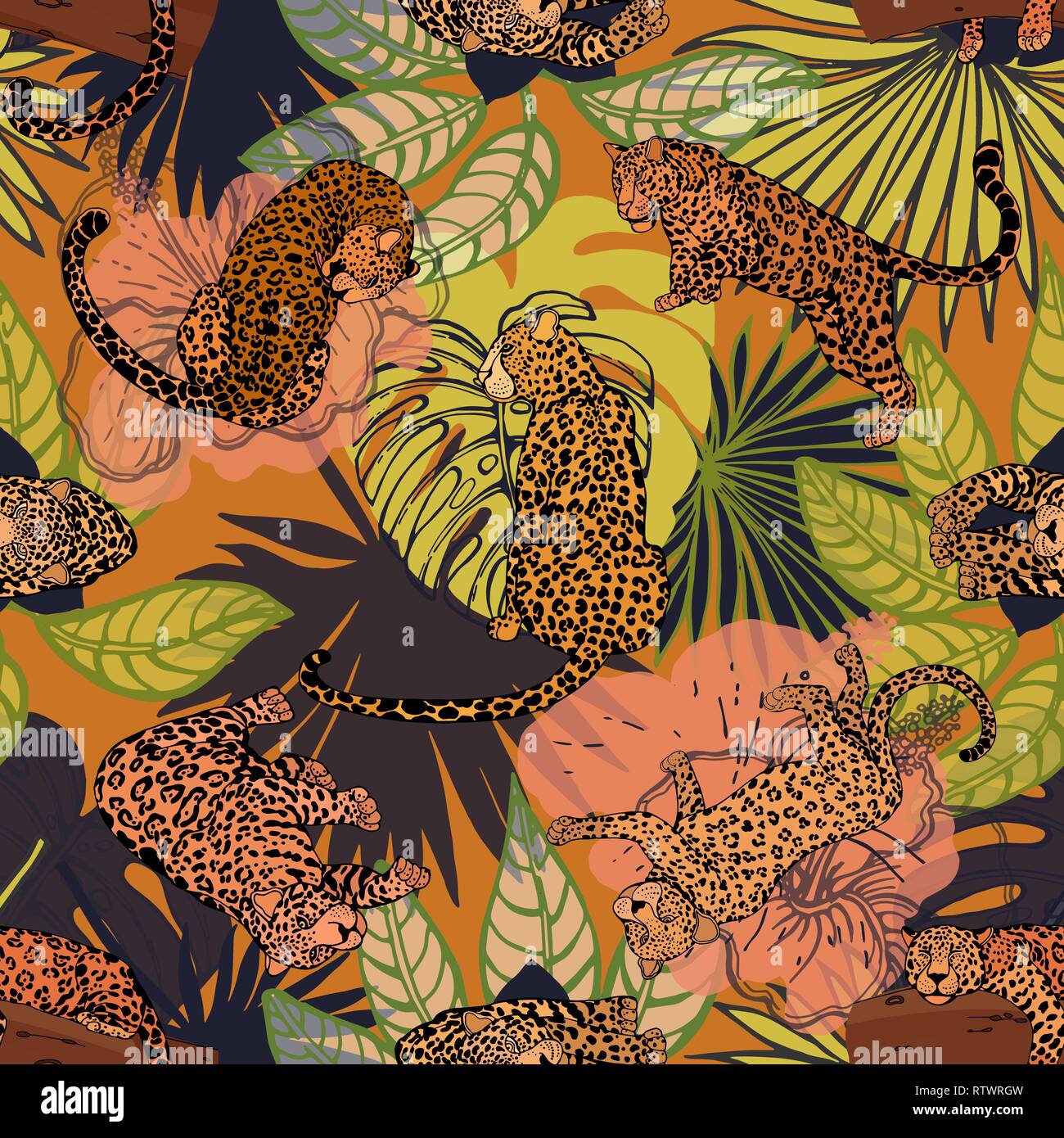 Seamless pattern of hand drawn sketch style leopards and tropical ...