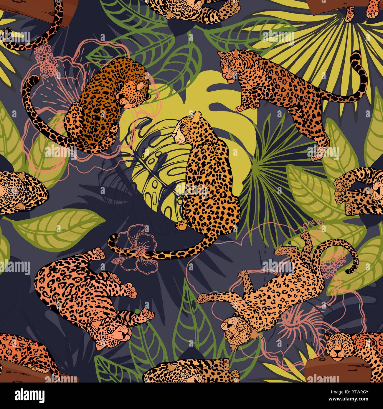 Seamless pattern of hand drawn sketch style leopards and tropical ...