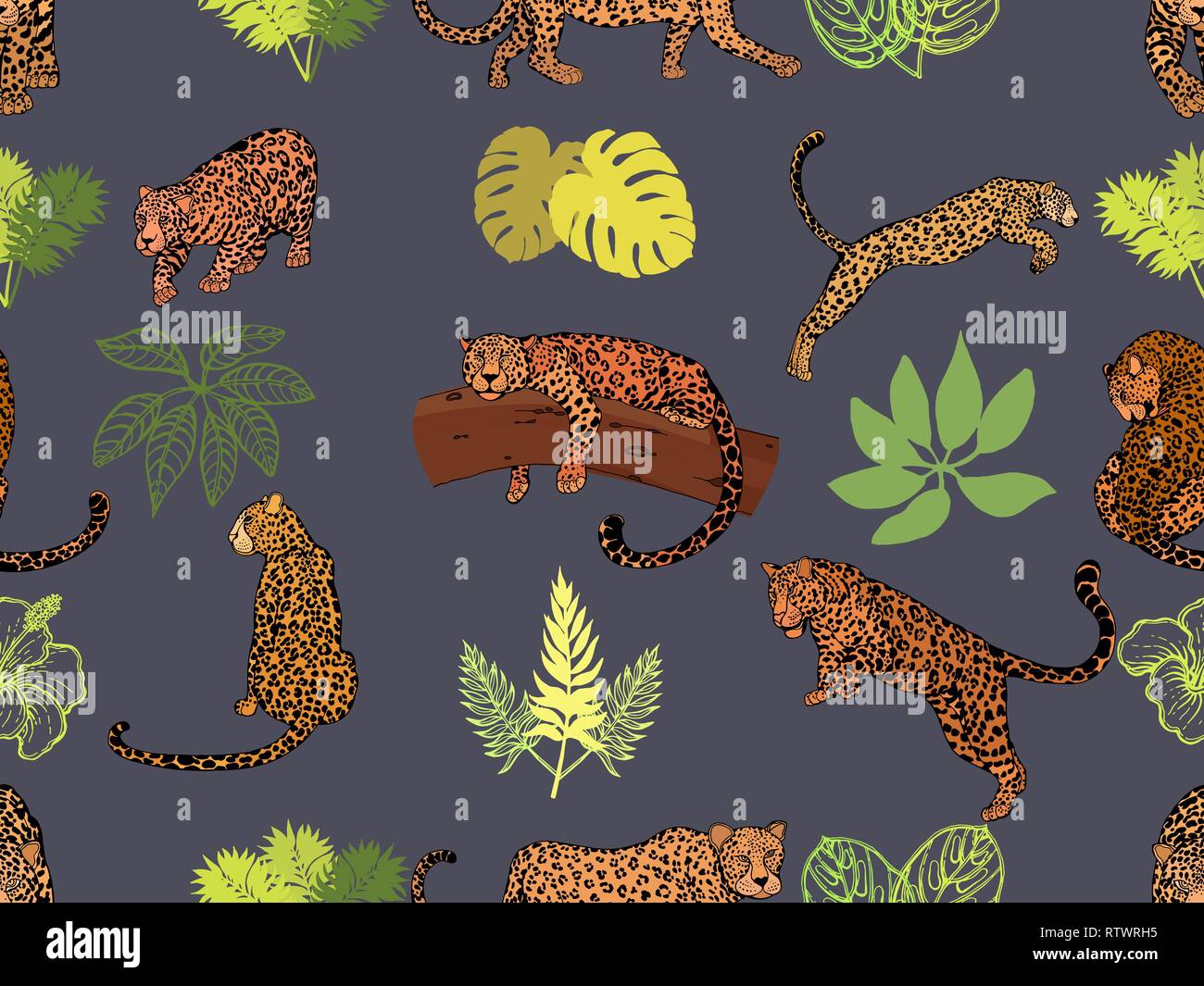 Seamless pattern of hand drawn sketch style leopards and tropical ...