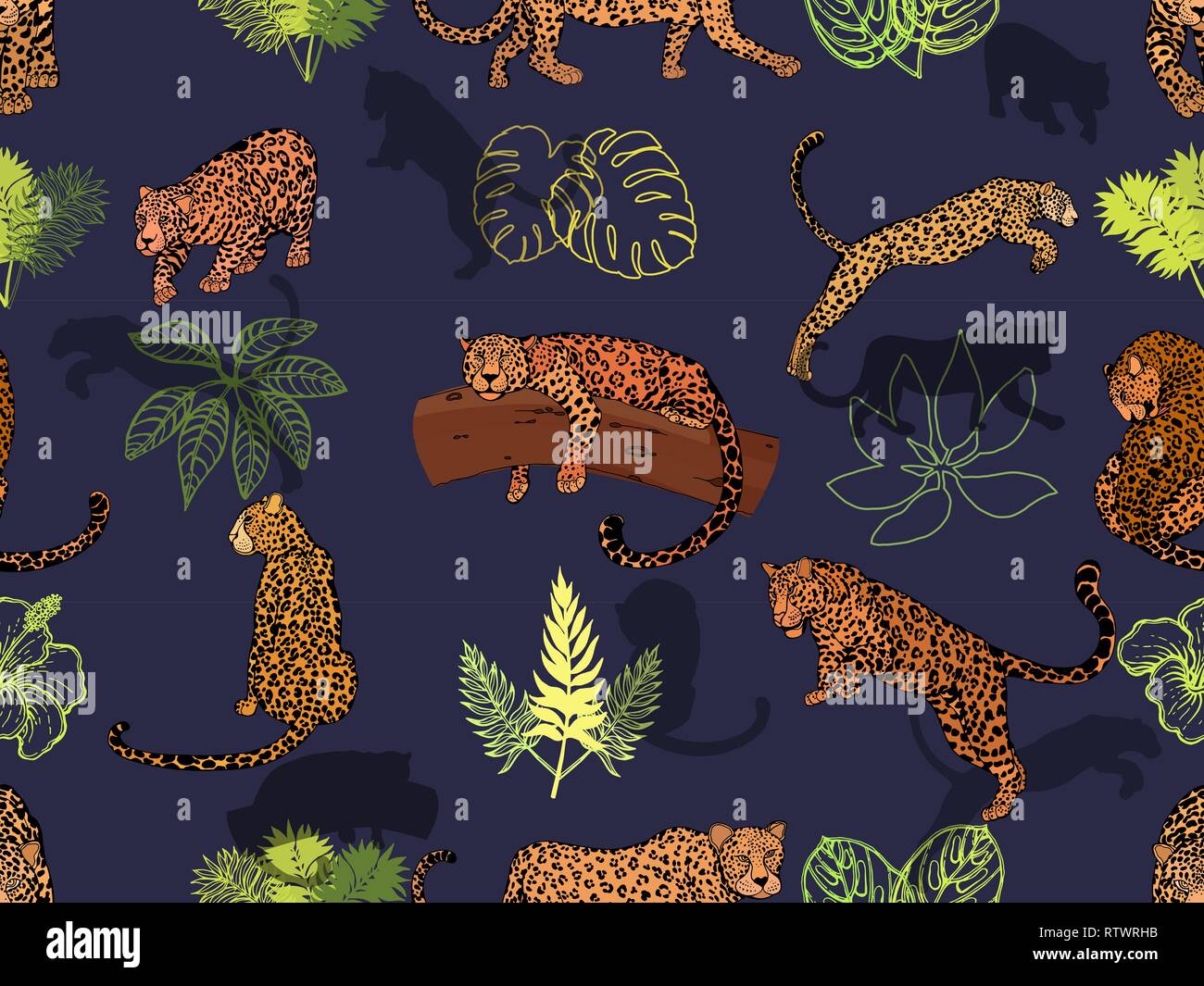 Seamless pattern of hand drawn sketch style leopards and tropical ...