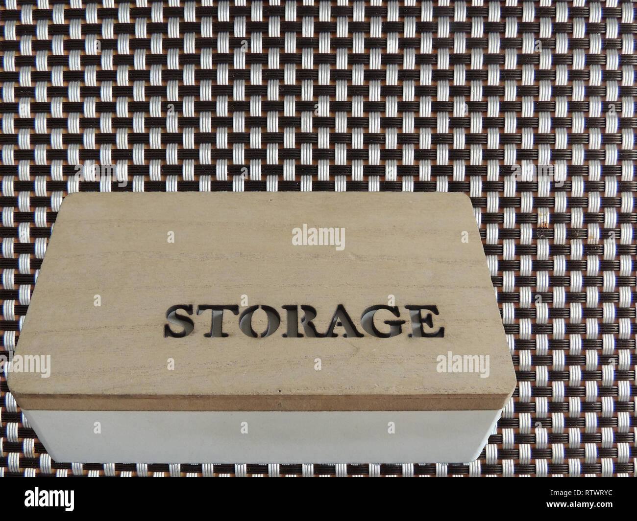Wooden box with words storage on black and silver background Stock ...
