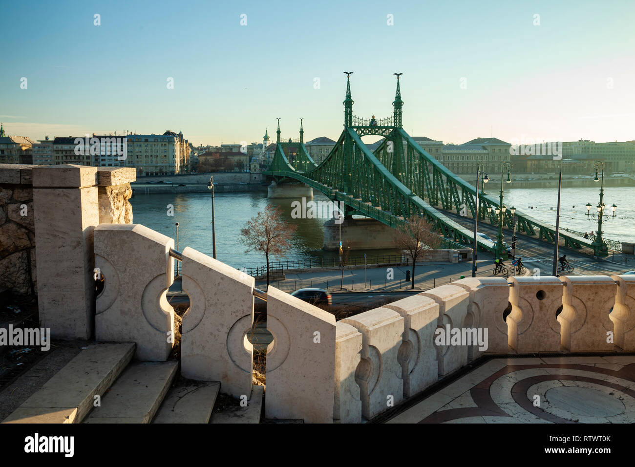 Morning on Gellert Hill in Budapest, Liberty Bridge across the Danube ...