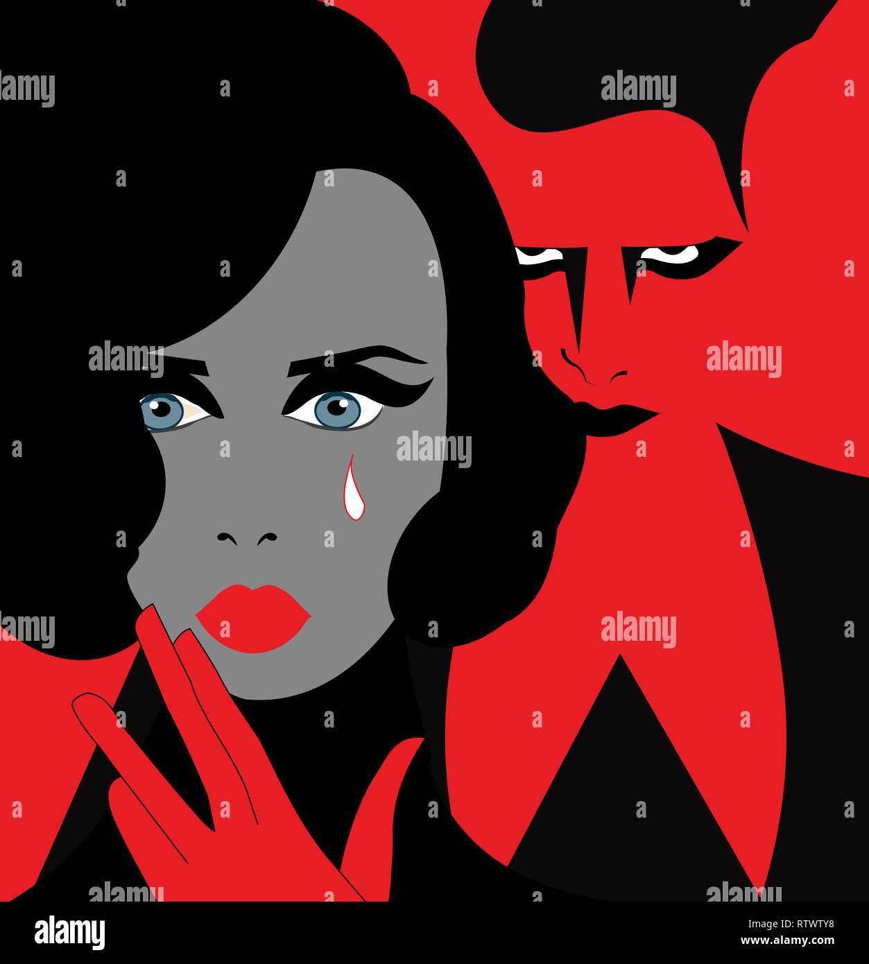 illustration of a woman crying with an evil man behind her who provoked ...