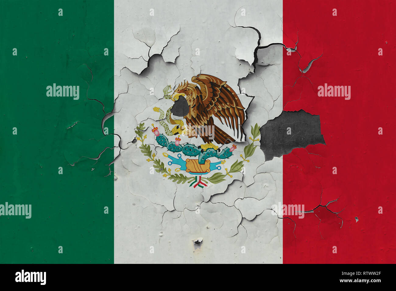 Close up grungy, damaged and weathered Mexico flag on wall peeling off ...