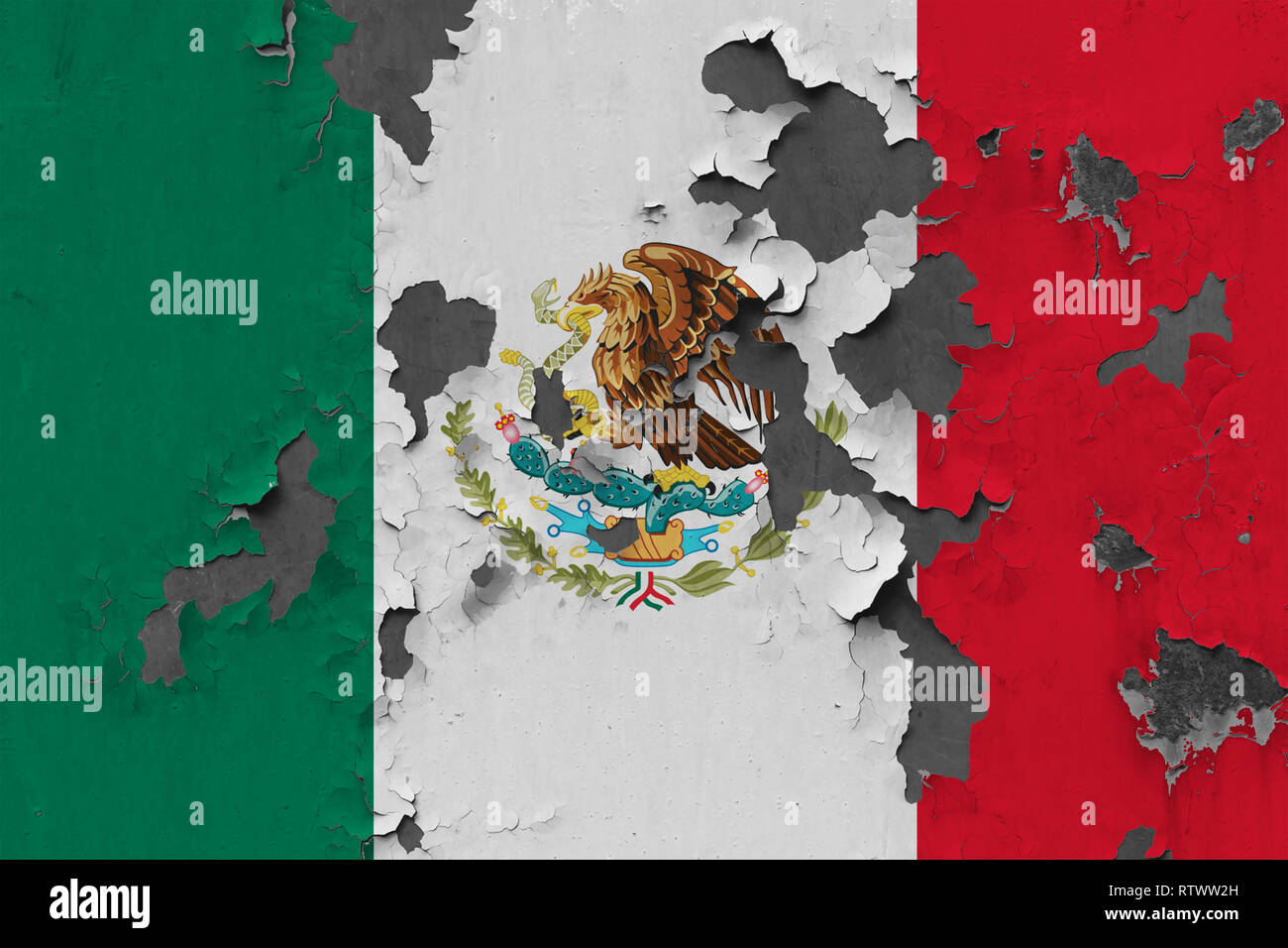 Close up grungy, damaged and weathered Mexico flag on wall peeling off ...