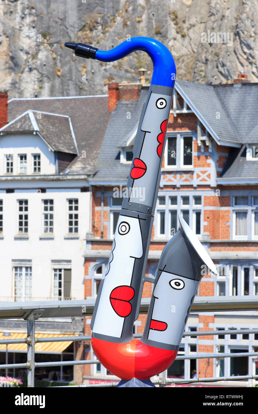 Close-up of a giant saxophone in the city of Dinant, Belgium where this ...
