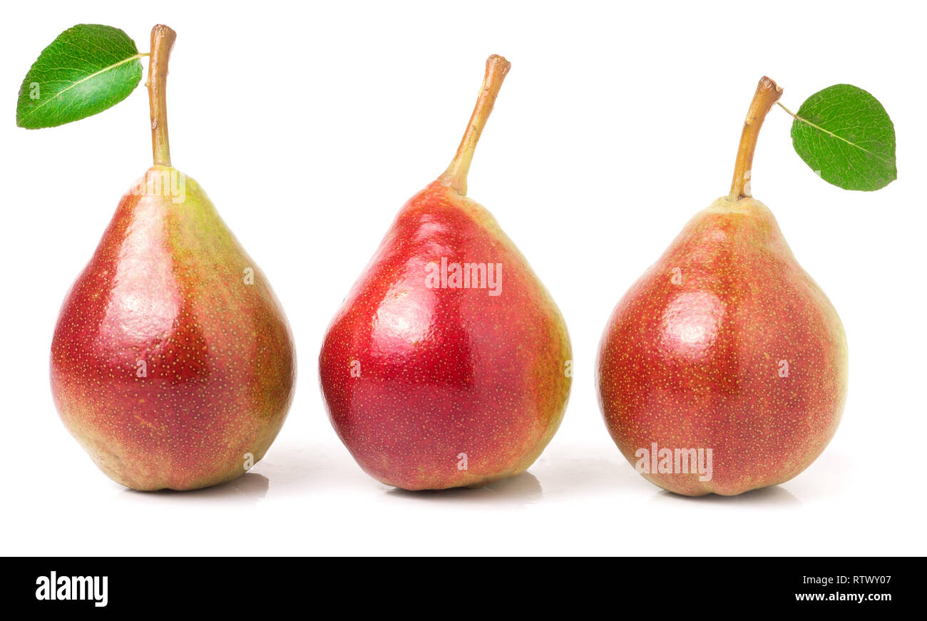 Three red pears with leaves isolated on white background Stock Photo ...