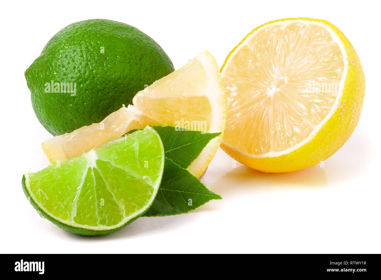 lime and lemon with leaves isolated on white background Stock Photo - Alamy