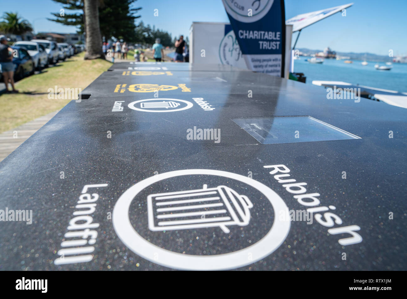 TAURANGA NEW ZEALAND - MARCH 3 2019; Public waste bins with ...