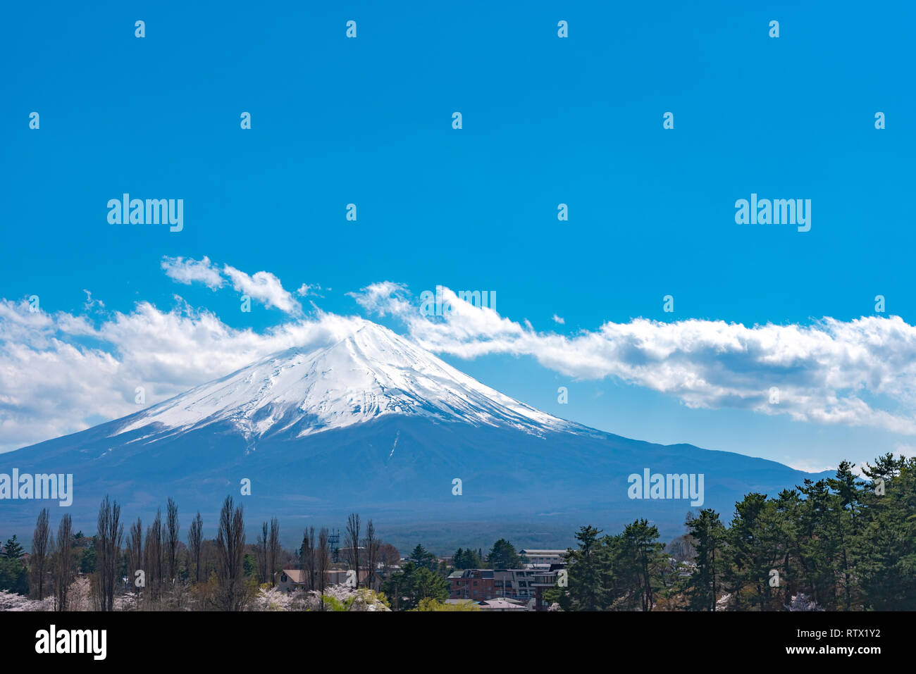 Close-up snow covered Mount Fuji ( Mt. Fuji ) with blue sky background ...
