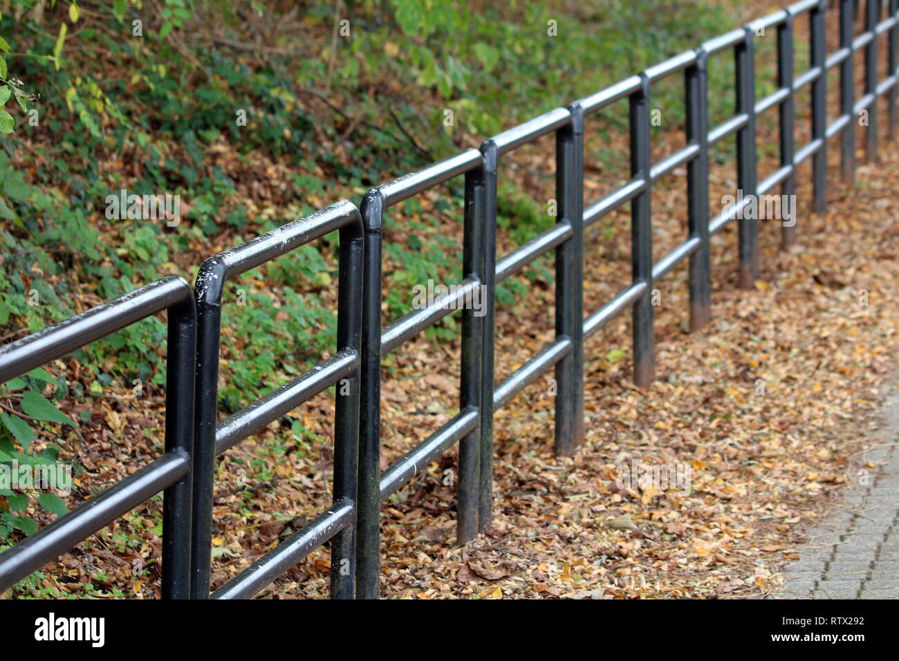 Black metal protective fence made of strong pipes next to hiking trail ...