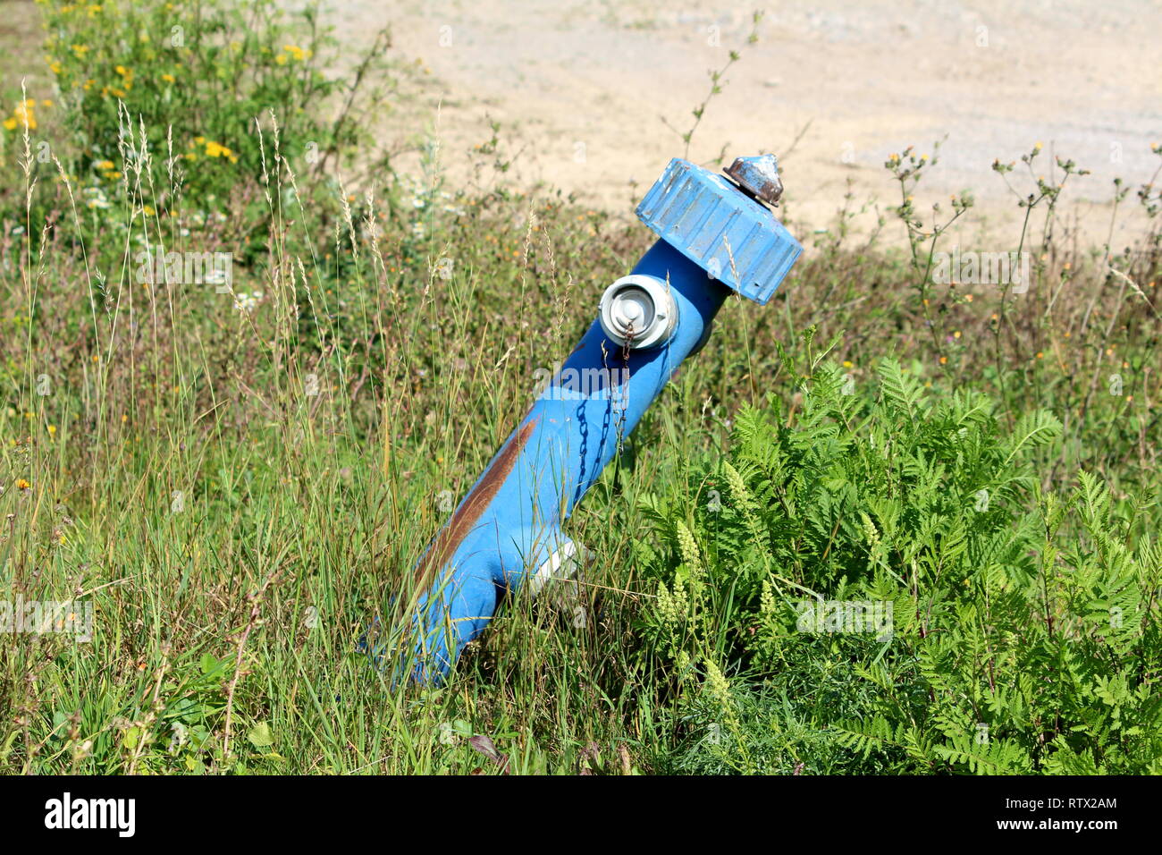 Broken partially rusted leaning old blue water hydrant surrounded with ...