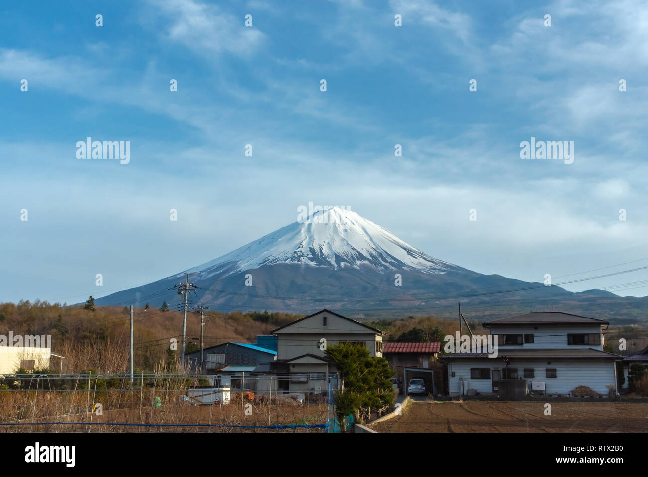 Close up snow covered Mount Fuji ( Mt. Fuji ) in blue sky background on ...