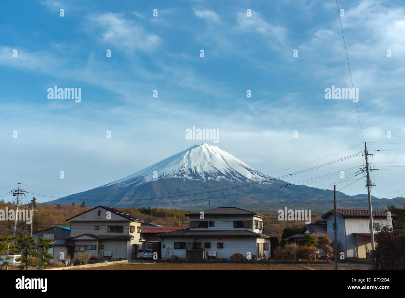 Close up snow covered Mount Fuji ( Mt. Fuji ) in blue sky background on ...